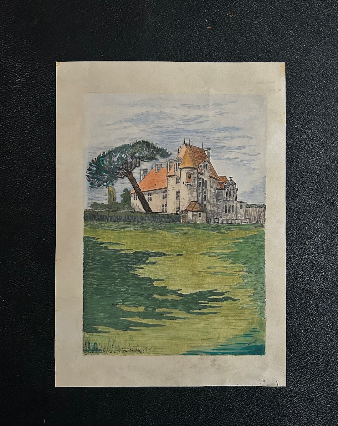 1940s French Gouache /ink Painting on Paper. Castle in Provence ...