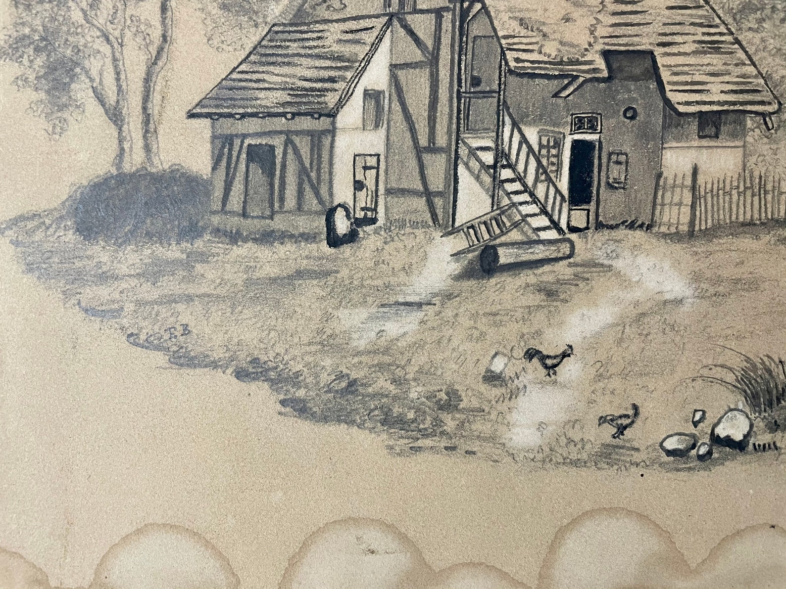 1860s French Graphite Drawing on Paper. Farmhouse in Normandy. France ...