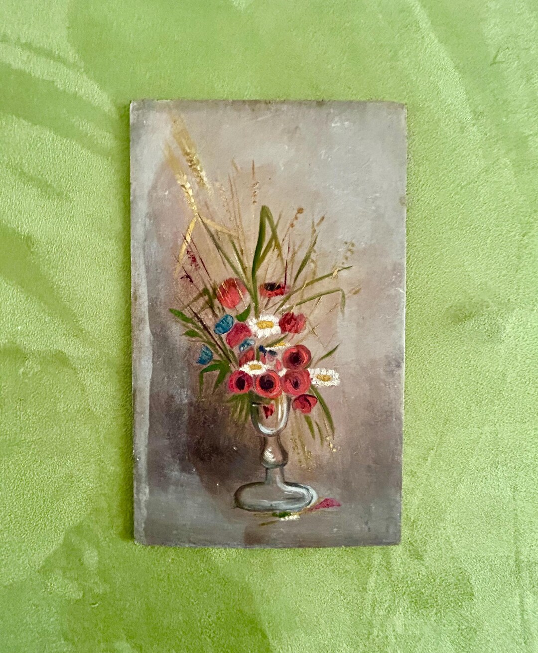 1890s French Oil Painting on Wood Vase of Wild Flowers Floral Art ...