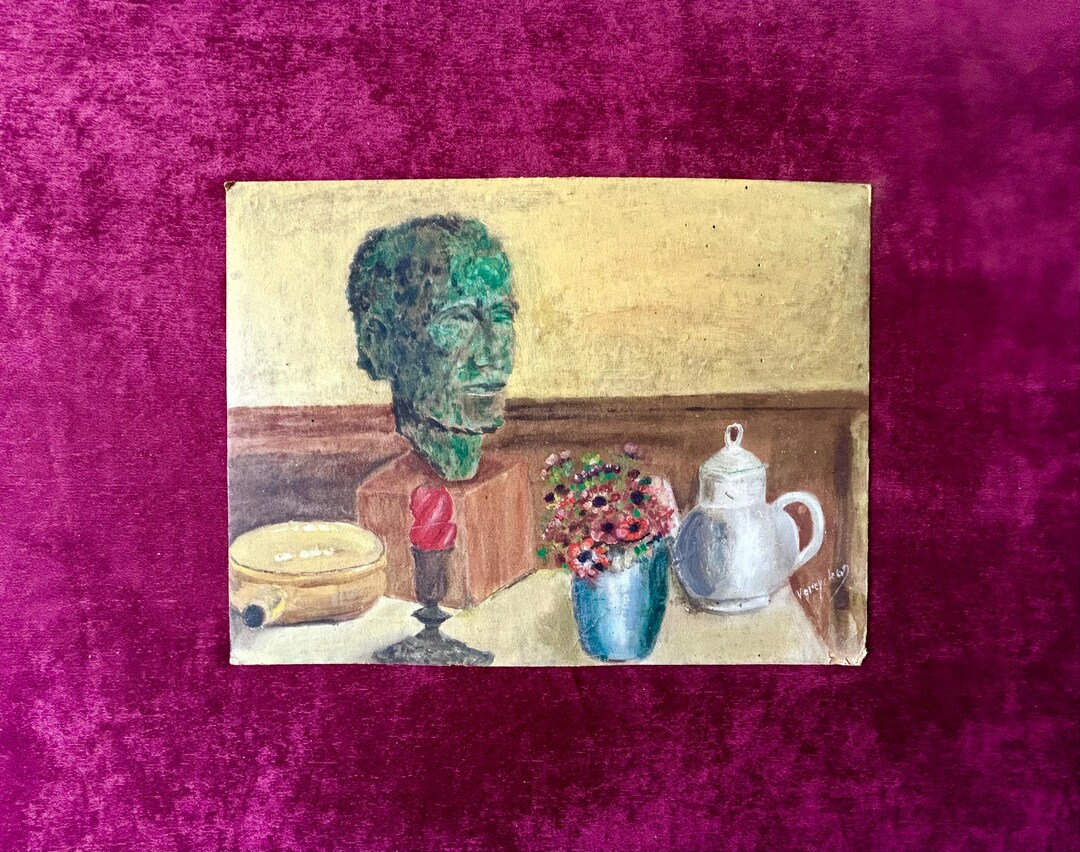 French 1920s Surrealist Still Life Oil Painting With Head Sculpture ...
