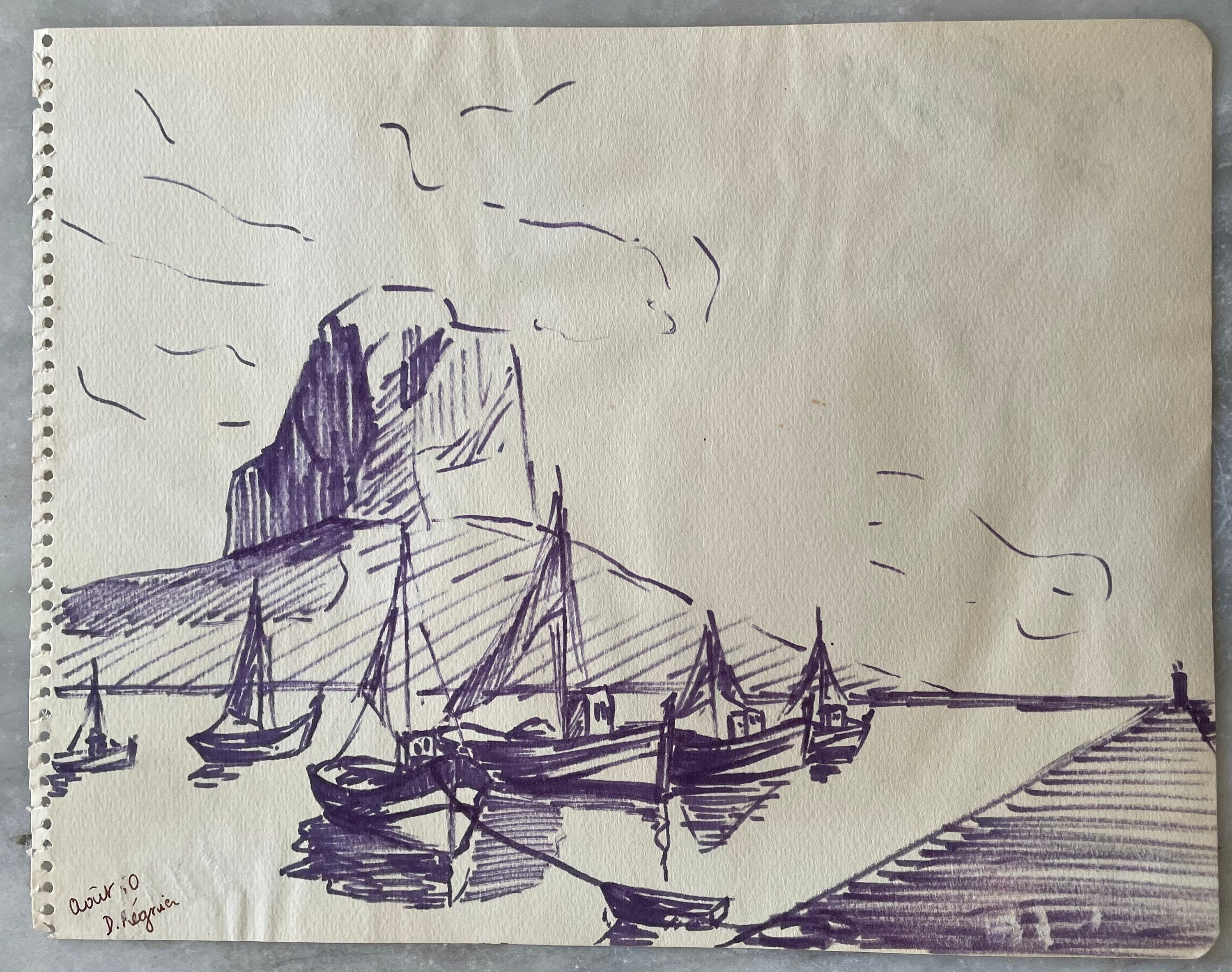 1960s French Vintage Ink Drawing on Paper. Seaport and Sailboats in ...