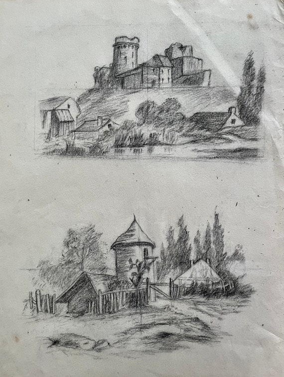 1890s French Graphite drawing on paper. Landscapes with castle | Etsy