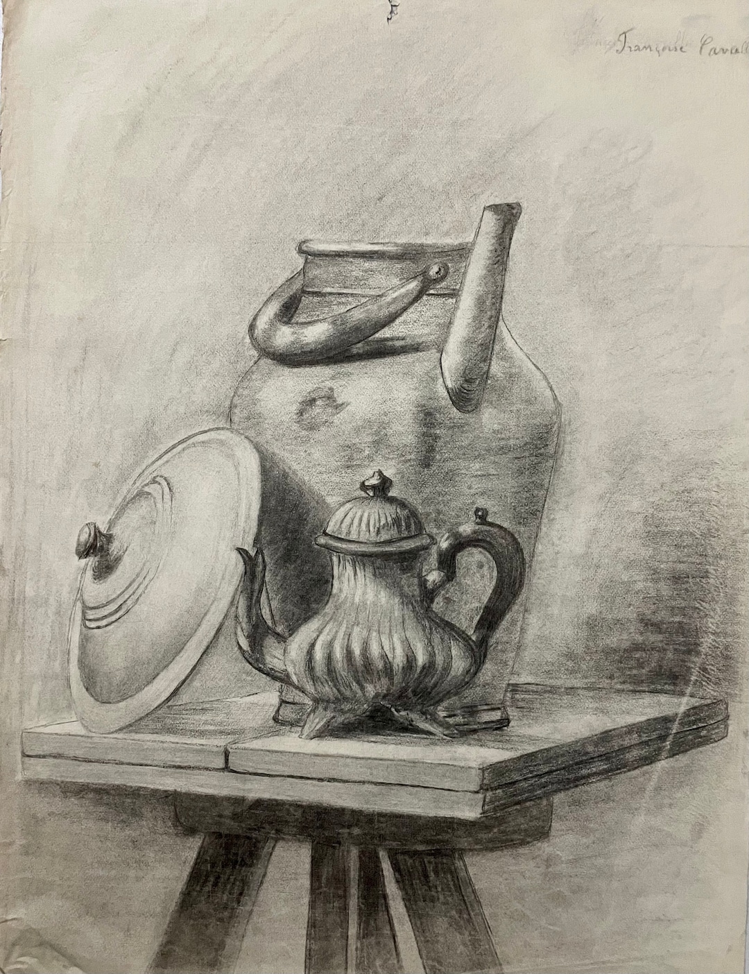 1890s French Antique Pencil Drawing on Paper. Still Life With Jug and ...