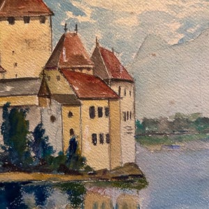 1890s French Watercolor Painting on Paper. the Castle of Chillon ...