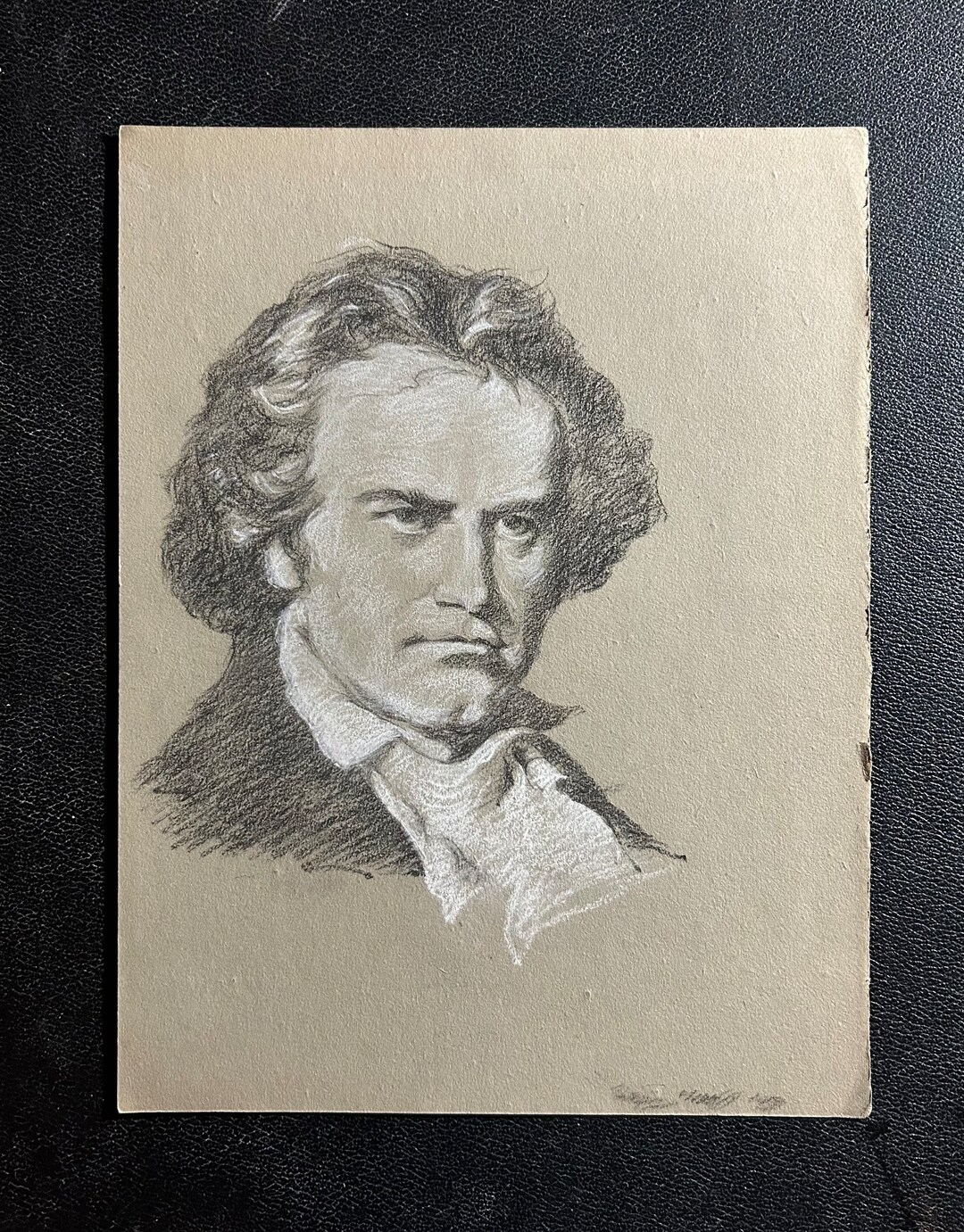 1940s French Black and White Charcoal Drawing on Grey Paper. Portrait ...