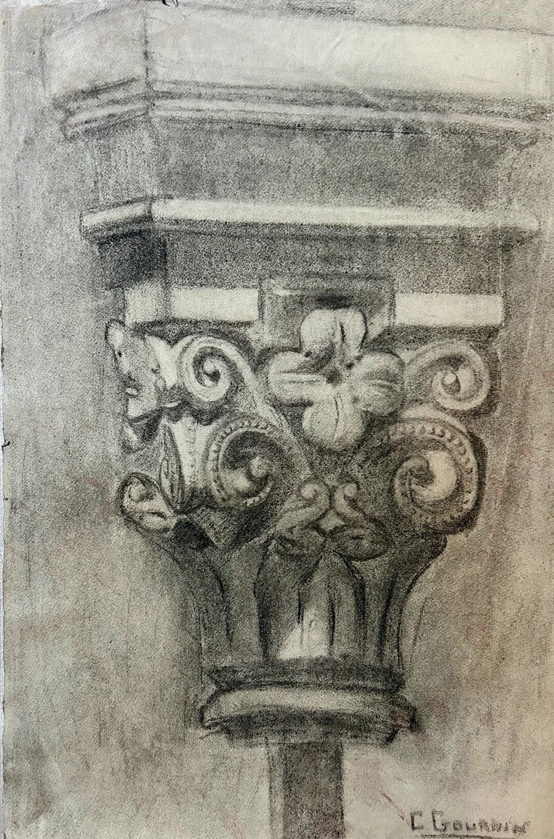 1920s French Charcoal Drawing on Paper. Corinthial Capital of Antique ...