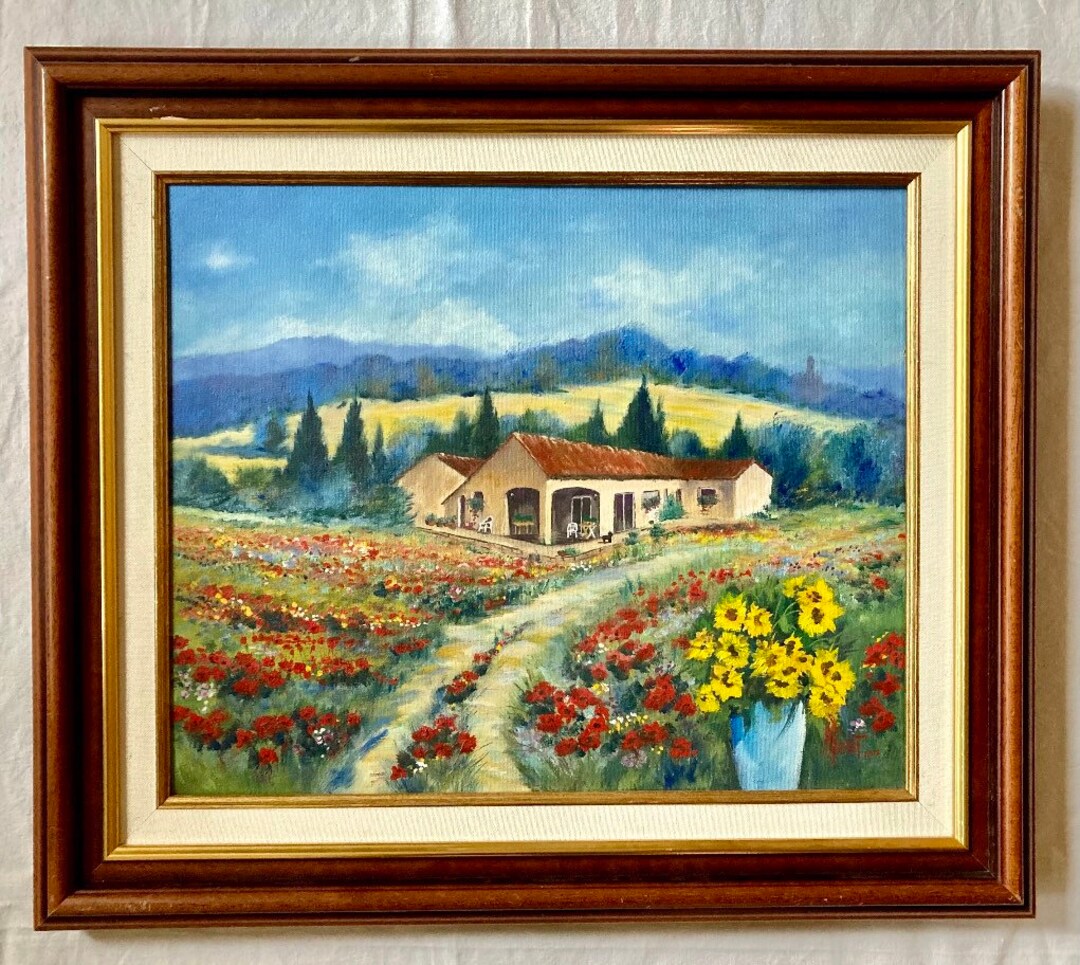 2000s French Vintage Oil Painting on Canvas. Farmhouse, Fields of ...
