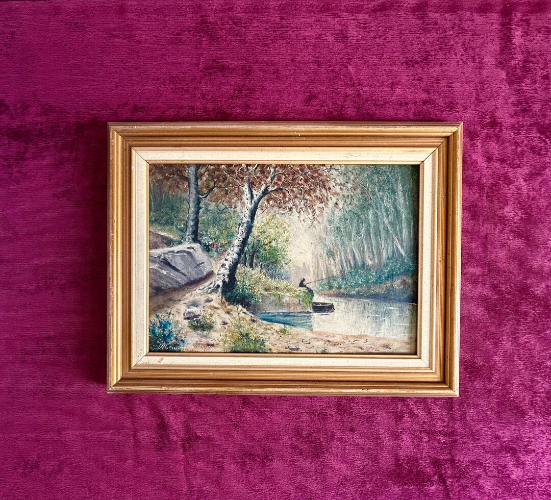 1960s French Vintage Oil Painting on Wood Fisherman. River. Country ...