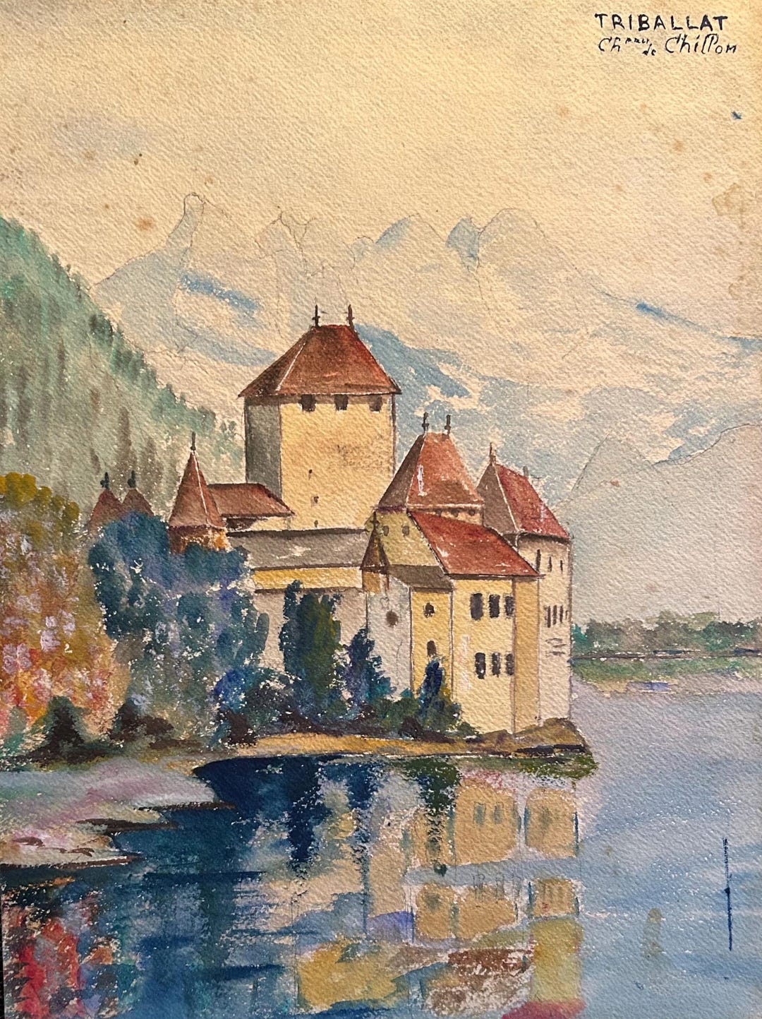 1890s French Watercolor Painting on Paper. the Castle of Chillon ...