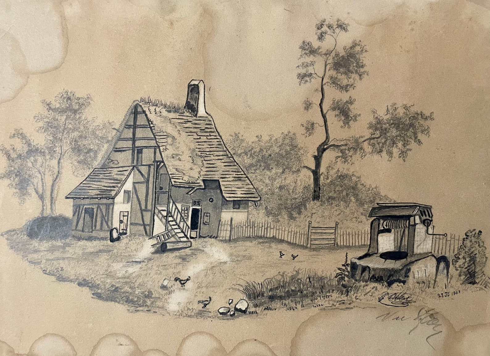 1860s French Graphite Drawing on Paper. Farmhouse in Normandy. France ...