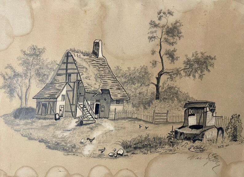 1860s French Graphite Drawing on Paper. Farmhouse in Normandy. France ...