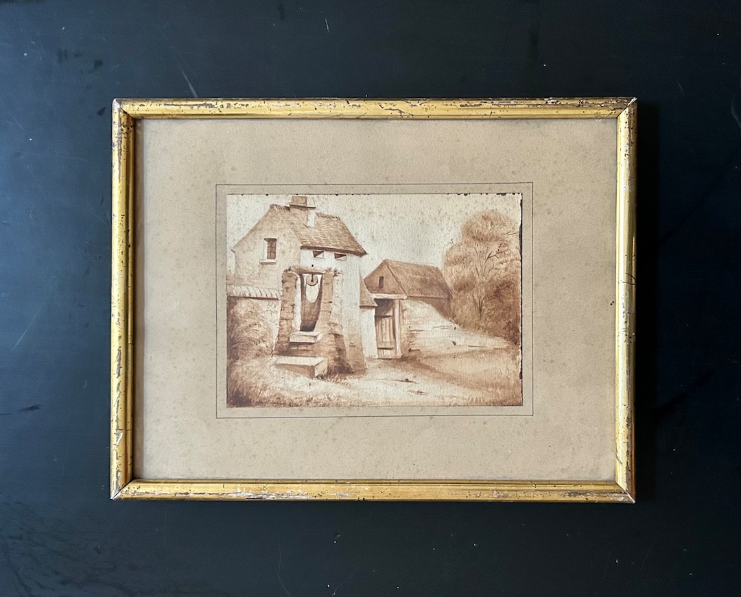 1890s French Antique Sepia Watercolor Painting on Paper. Farmhouse With ...