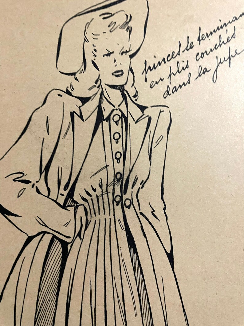 1940s French Ink Drawing on Paper. Vintage Fashion in Paris. | Etsy