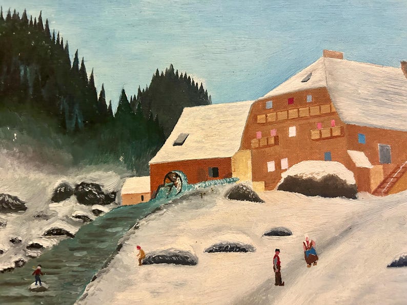 1940s French Naïve Art Oil Painting on Canvas. Cottage and Mountain ...