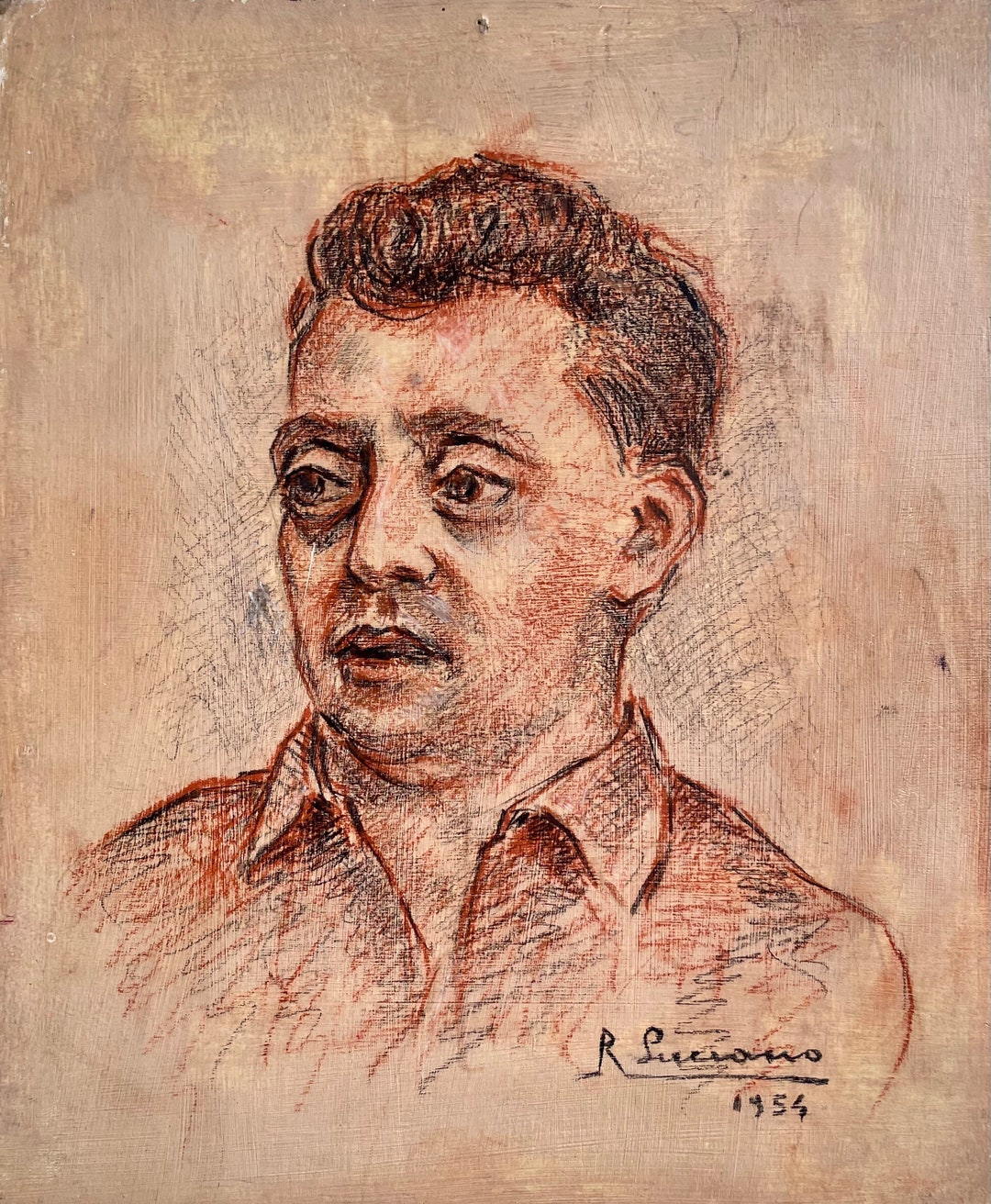 1950s French Colored Pencil Drawing on Cardboard. Portrait of a ...