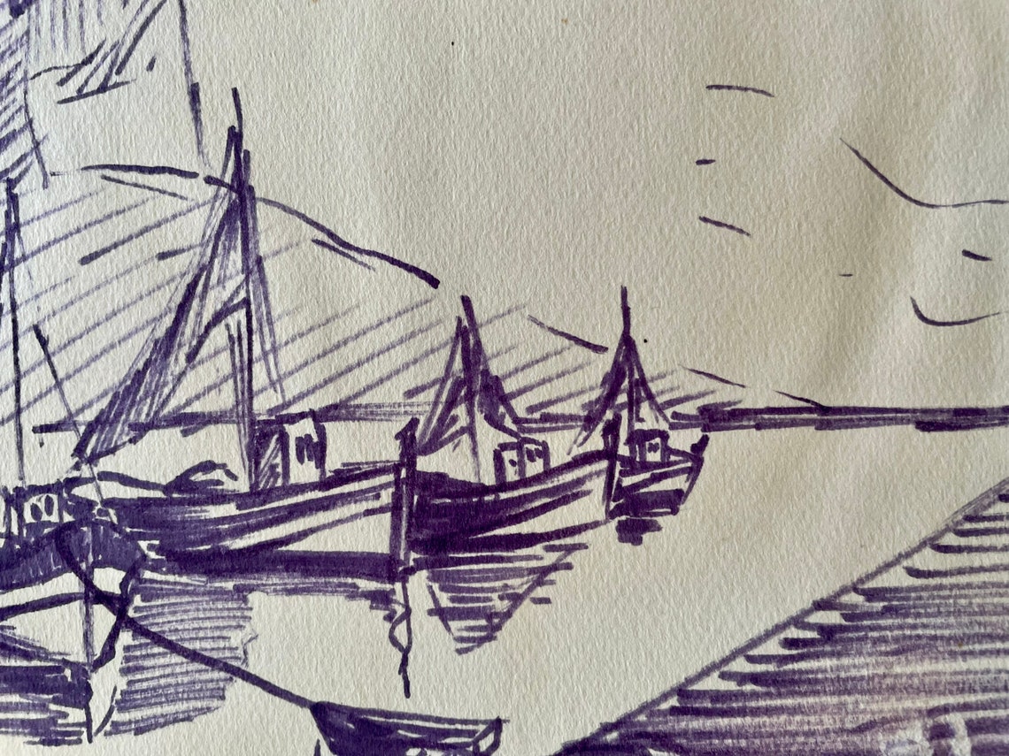1960s French Vintage Ink Drawing on Paper. Seaport and Sailboats in ...