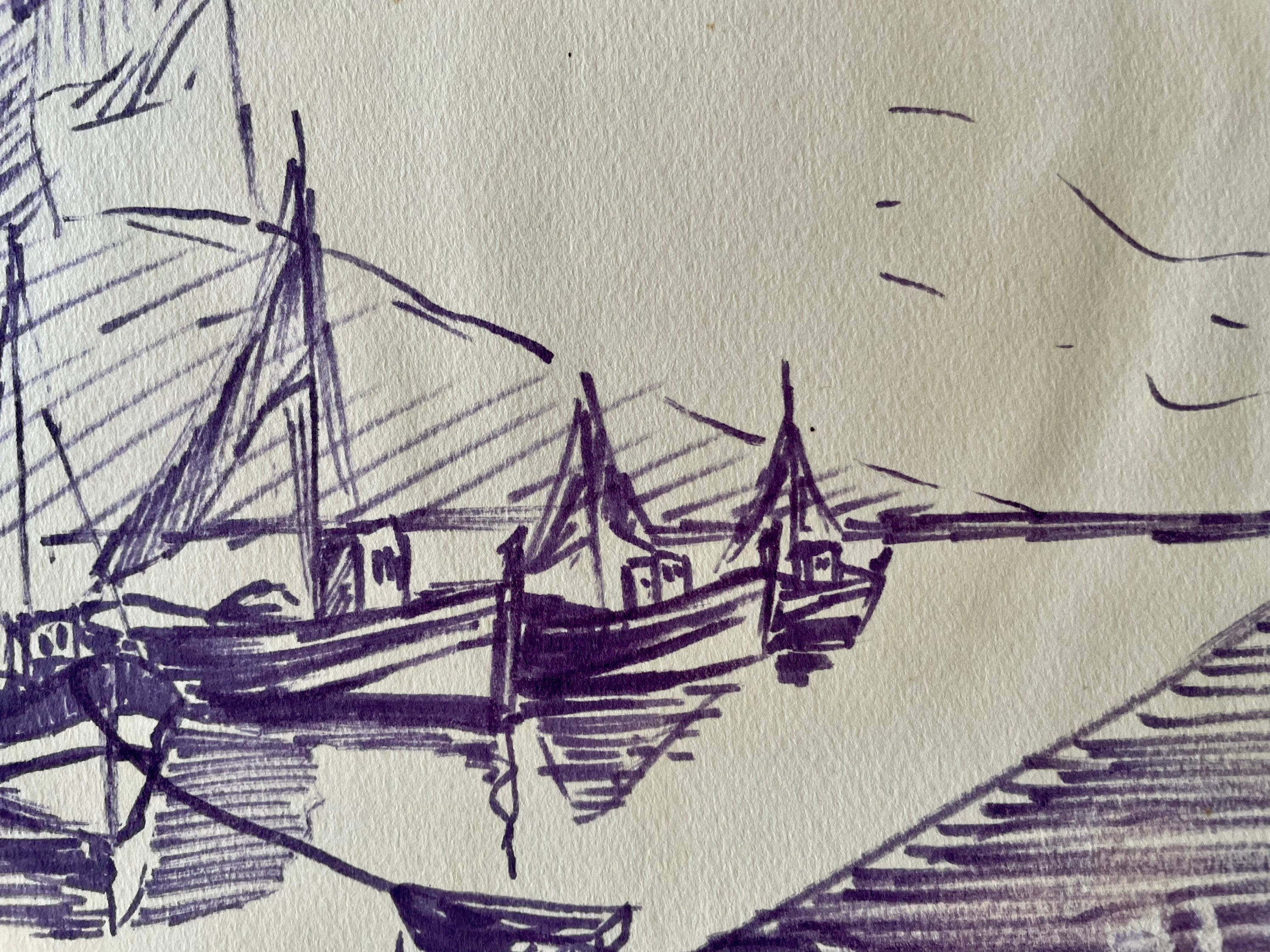 1960s French Vintage Ink Drawing on Paper. Seaport and - Etsy