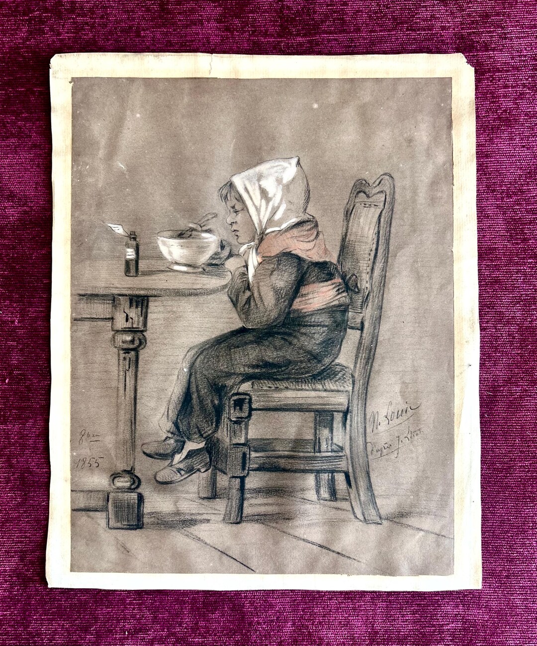 1850s French Old Master Antique Black and White Charcoal Drawing ...