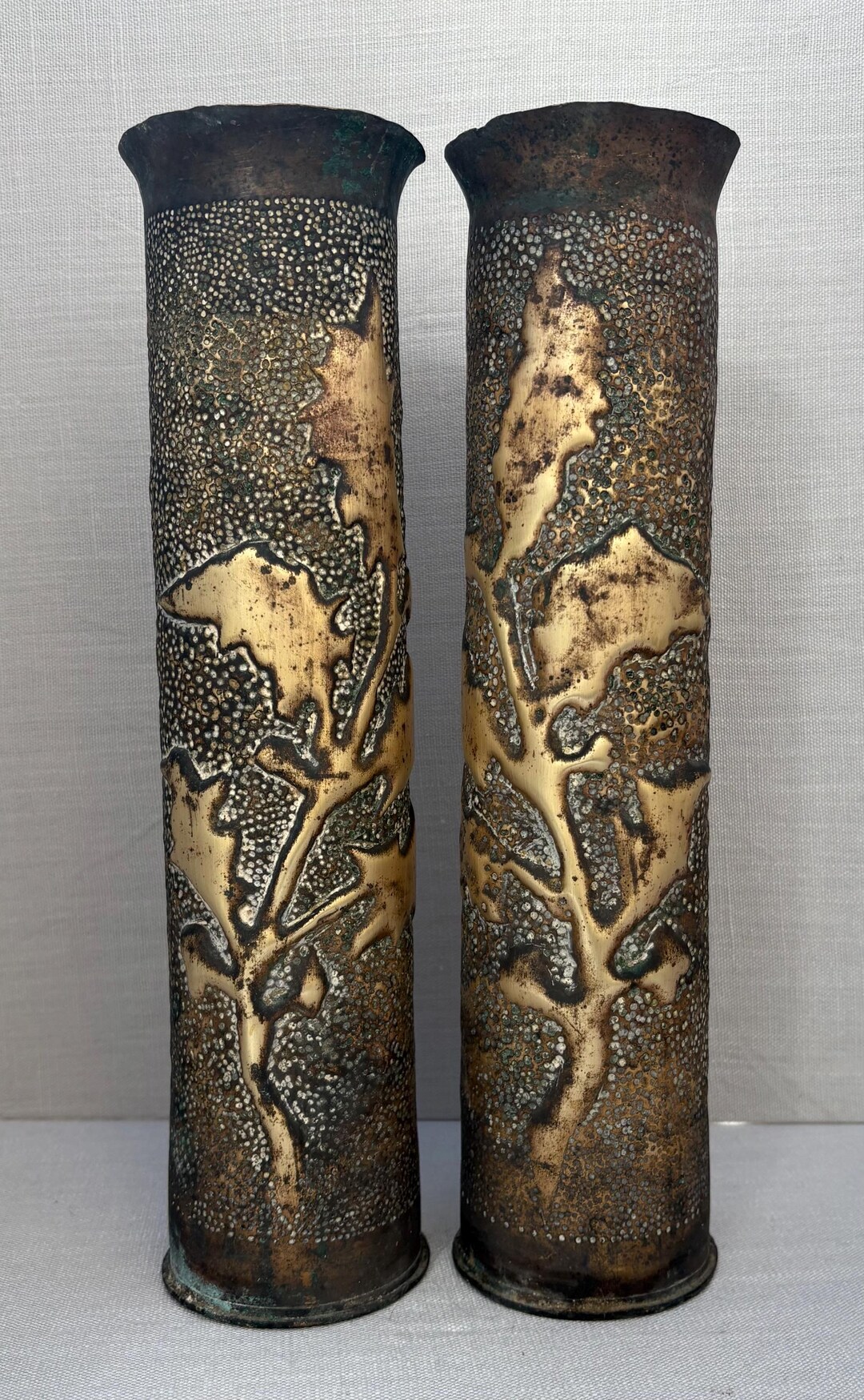 1910s French Art Nouveau Set of 2 Vases Made of Brass Using WWI 1914 ...