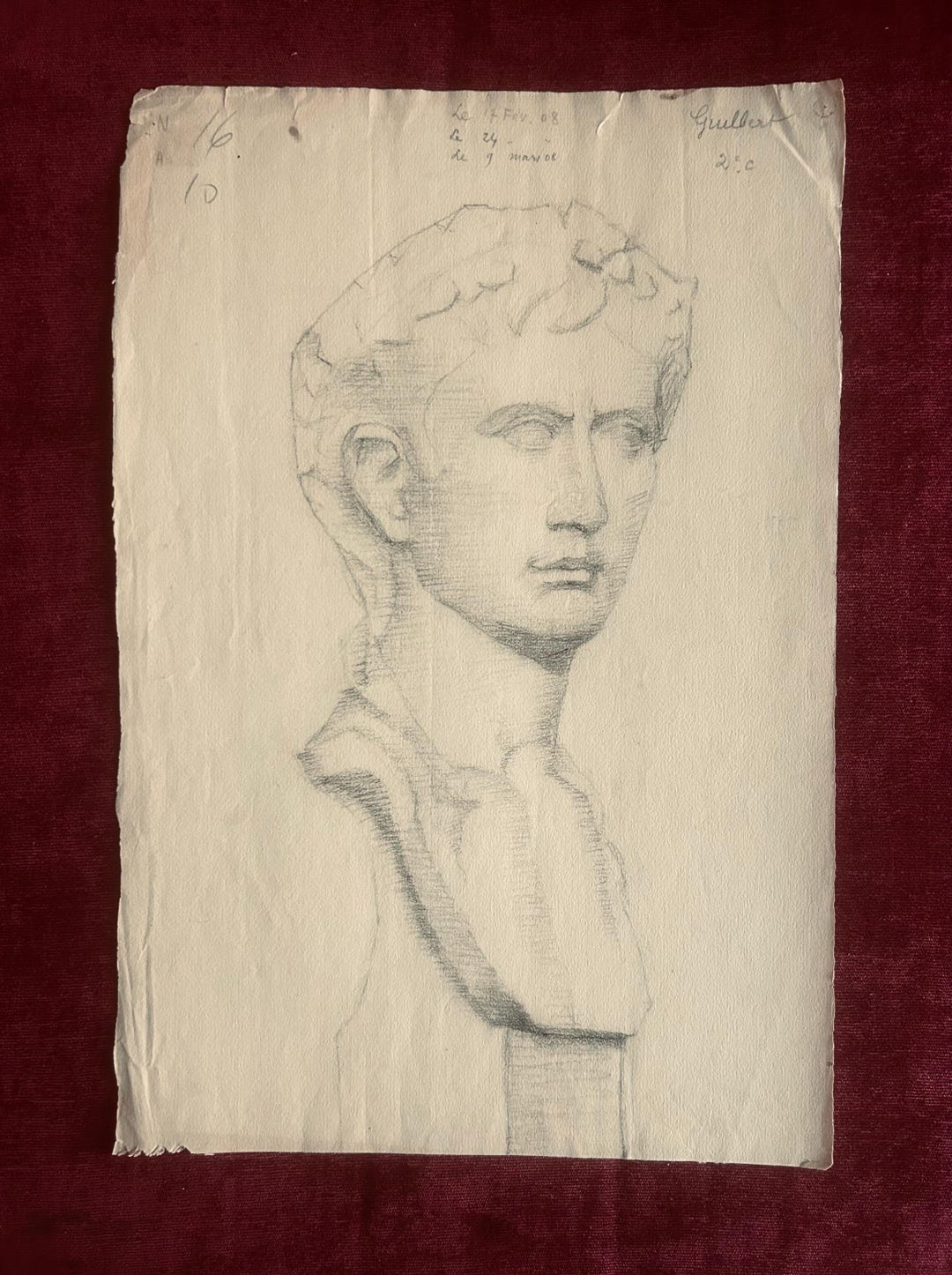 1910s French Pencil Drawing. Portrait of Ancient Roman Young Man ...