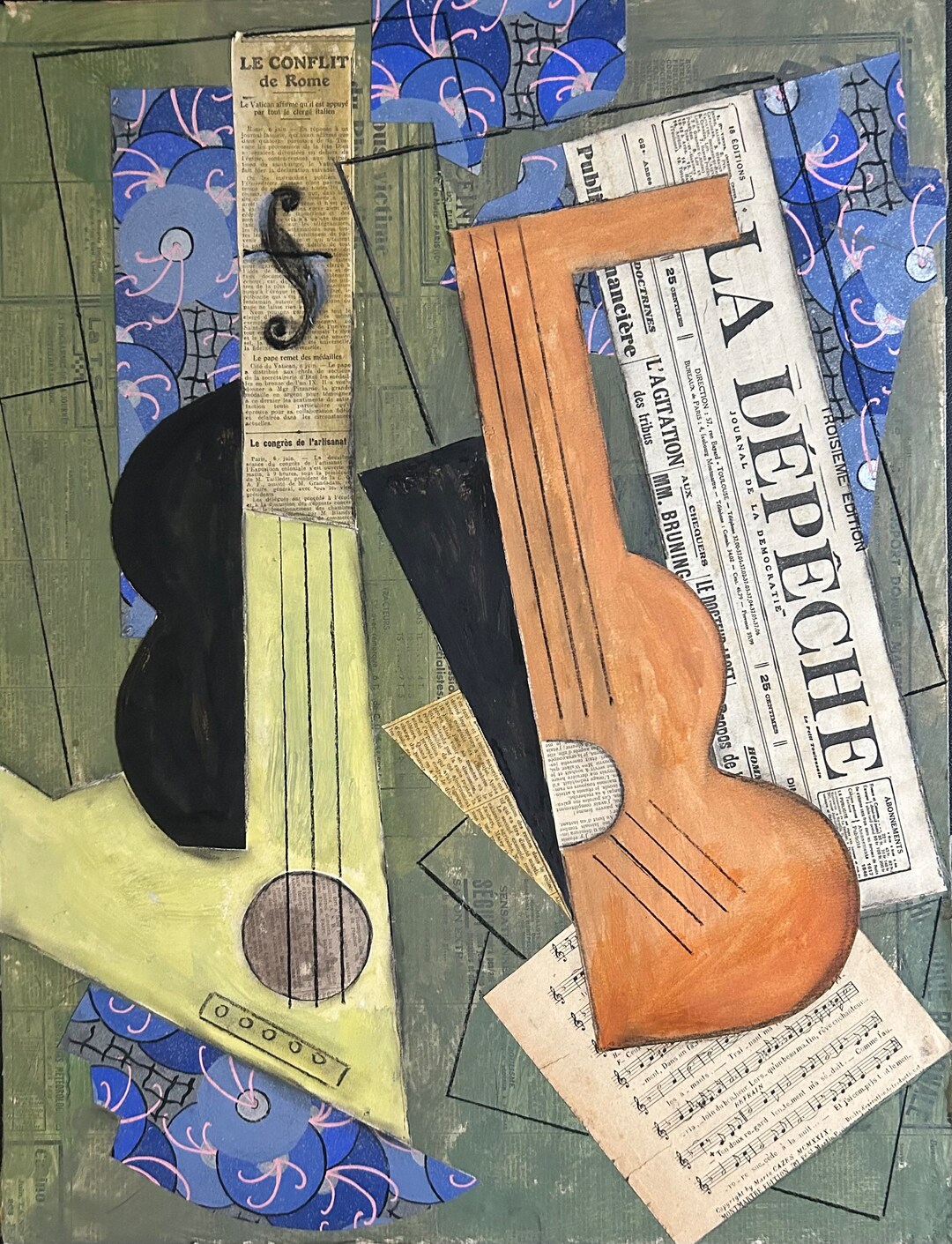 1930s French Cubism Collage / Gouache on Panel. Cubist Still Life With ...