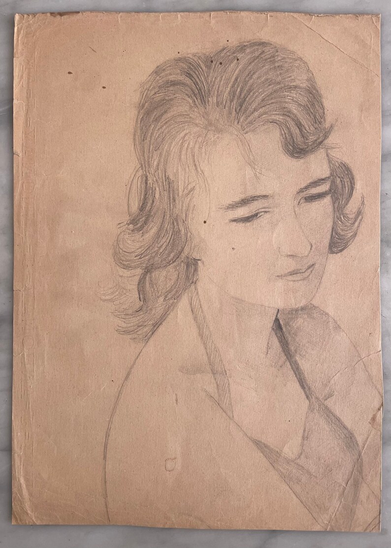 1940s French Pencil Drawing on Paper. Portrait of Young Woman. - Etsy