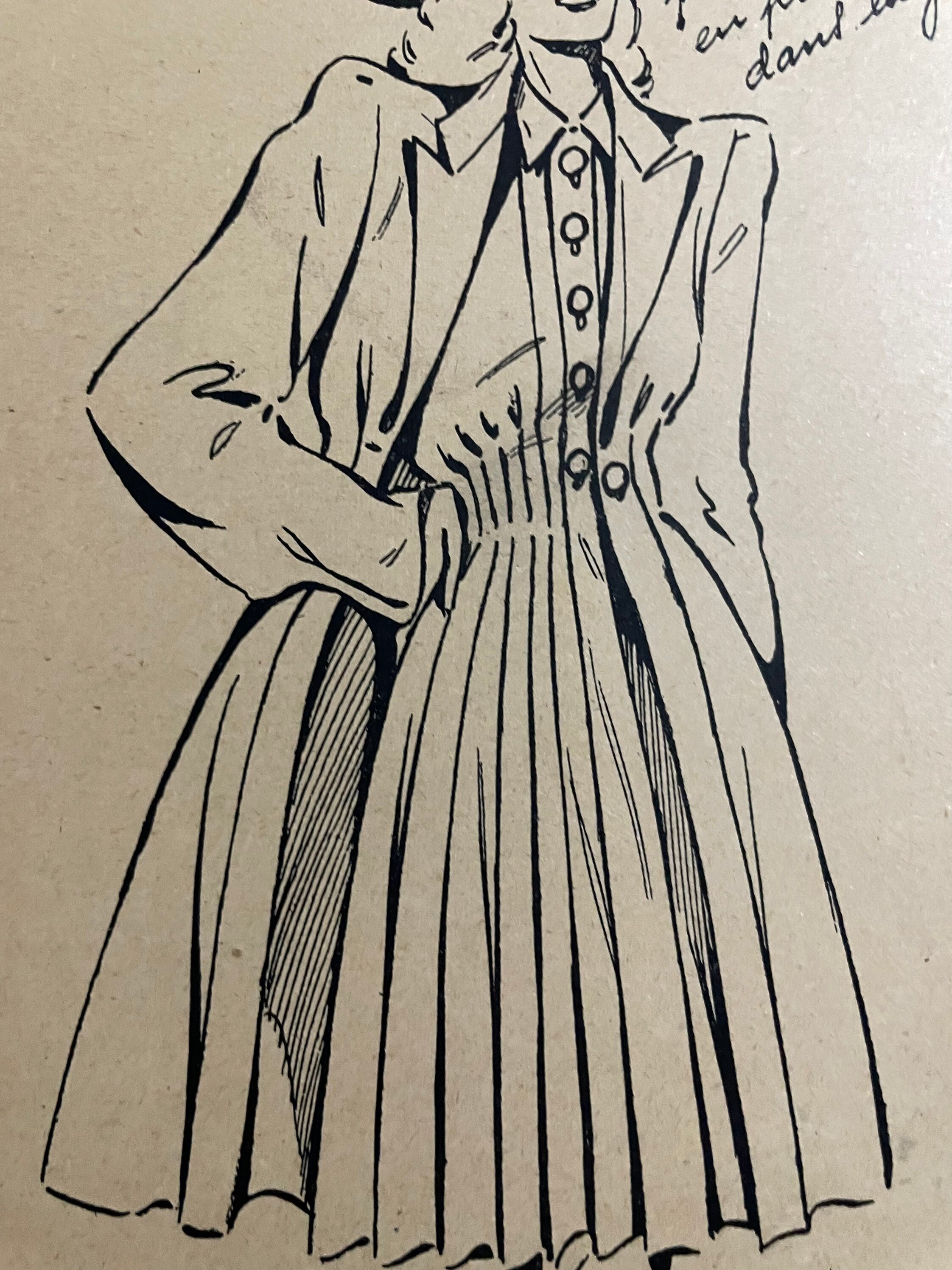 1940s French Ink Drawing on Paper. Vintage Fashion in Paris. | Etsy