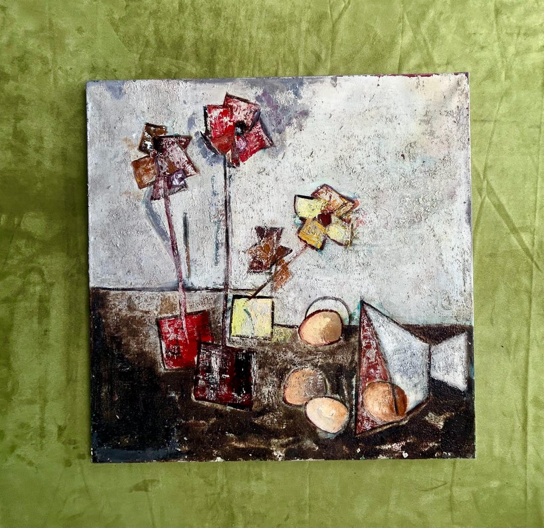 1960s French Cubism Oil Modern Art Painting on Canvas. Flowers and ...