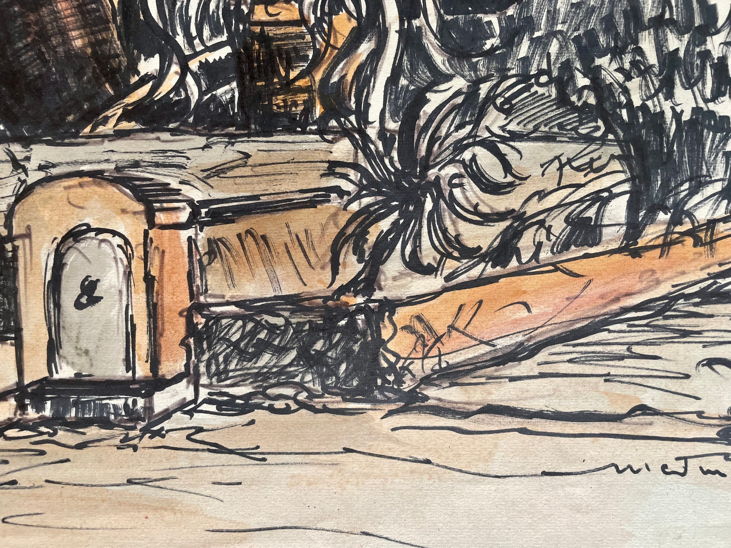 1940s French Ink Drawing on Paper. Small Fountain in a Garden of ...