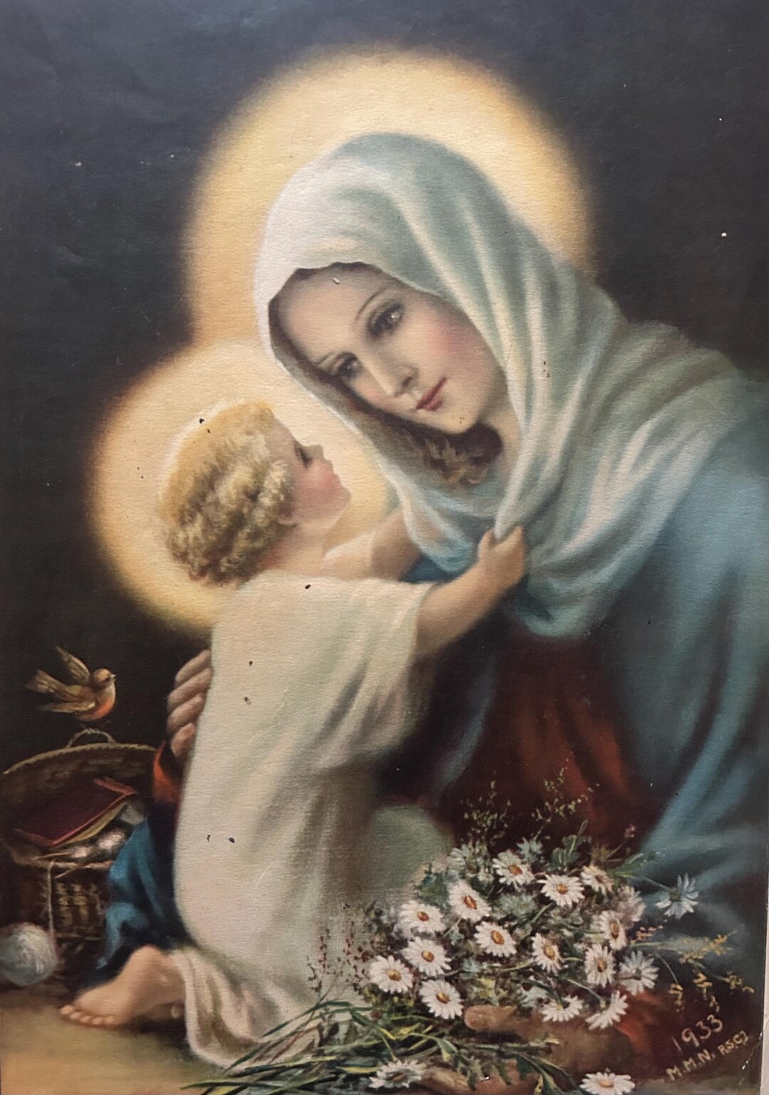 1930s Canadian Antique Lithograph on Paper. Virgin Mary and Baby Jesus ...