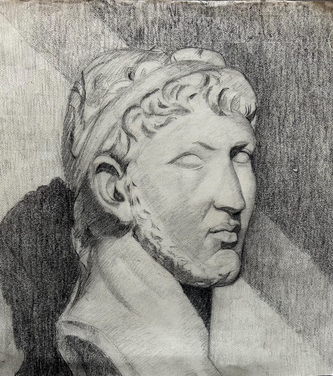 1910s French Antique Charcoal Drawing on Paper. Portrait of Demosthenes ...