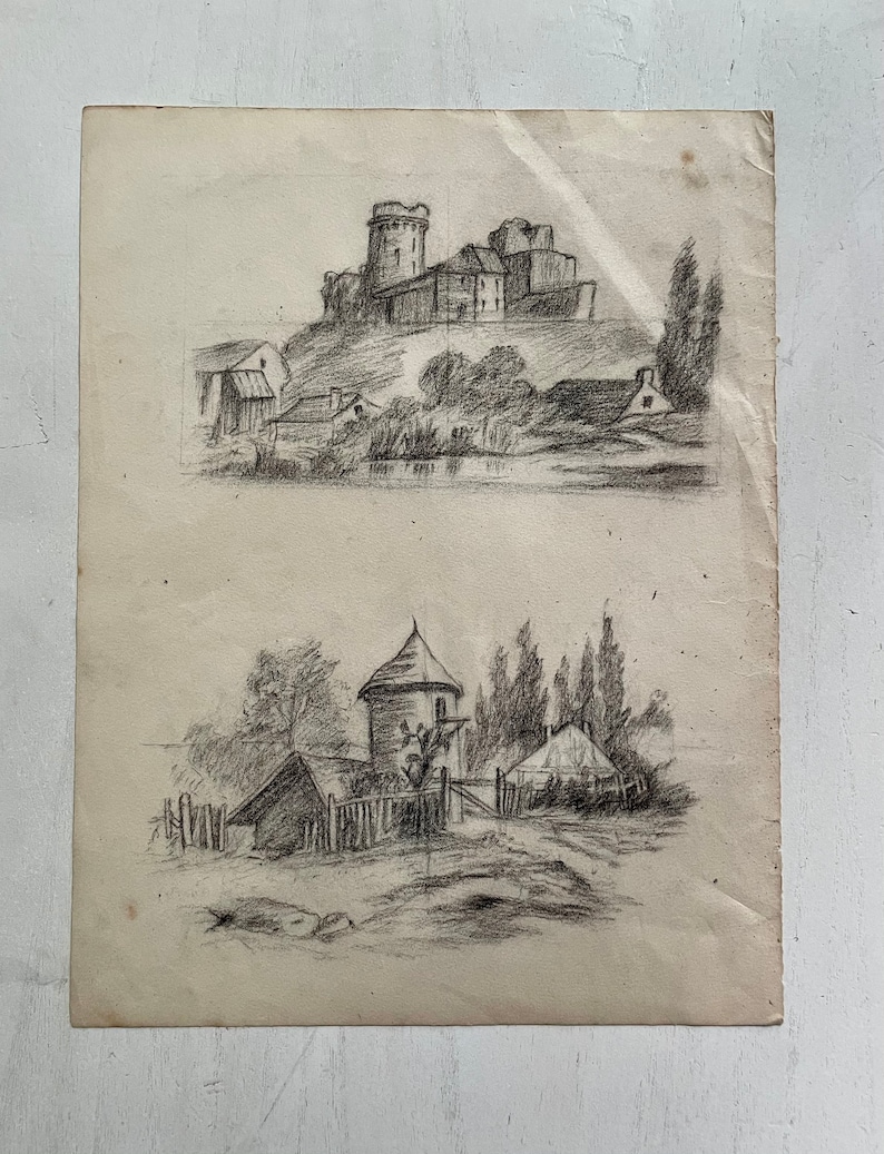 1890s French Graphite Drawing on Paper. Landscapes With Castle and ...
