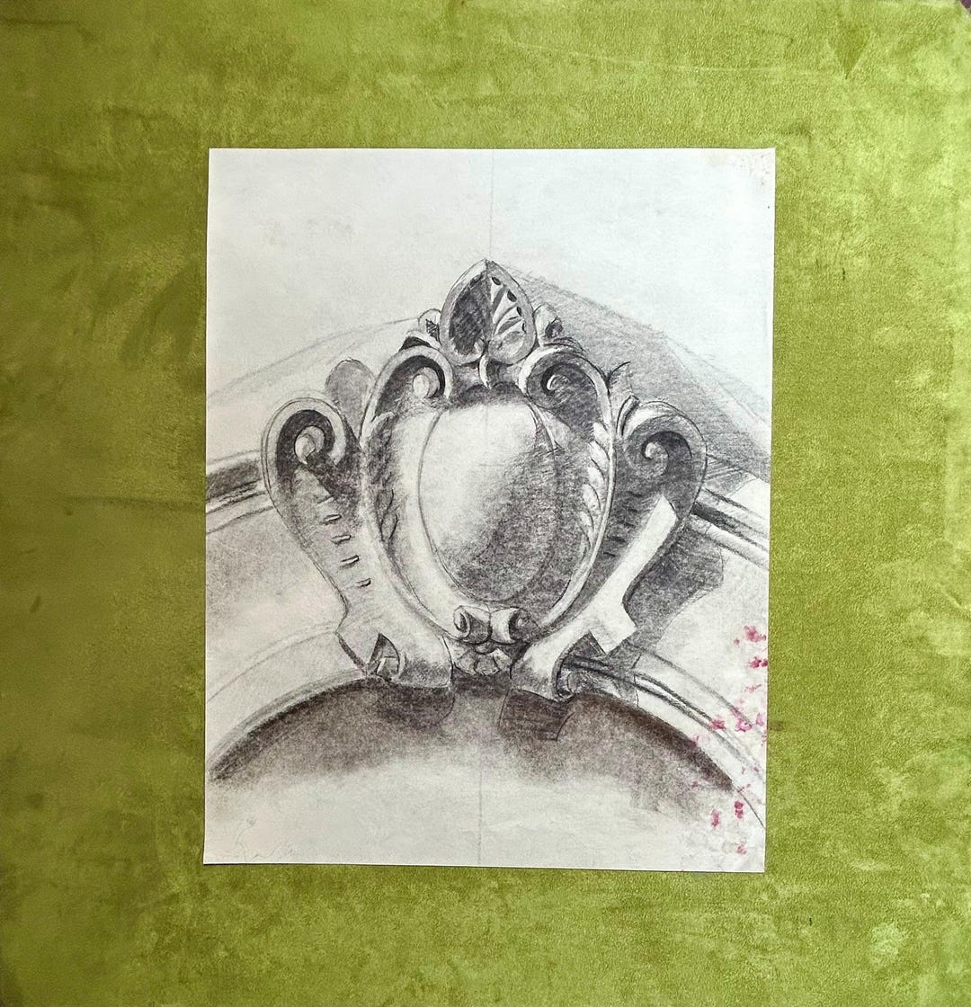 1890s French Cartouche Drawing Charcoal Molding Architecture Academic ...