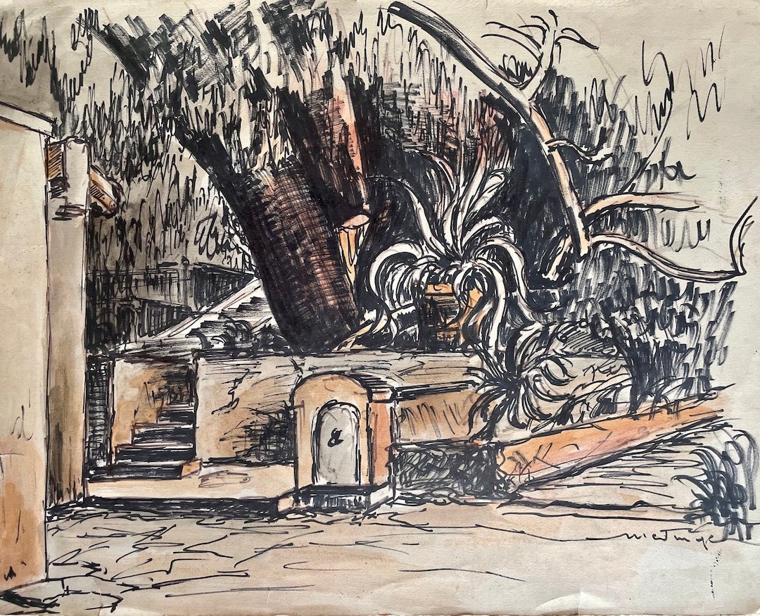 1940s French Ink Drawing on Paper. Small Fountain in a Garden of ...