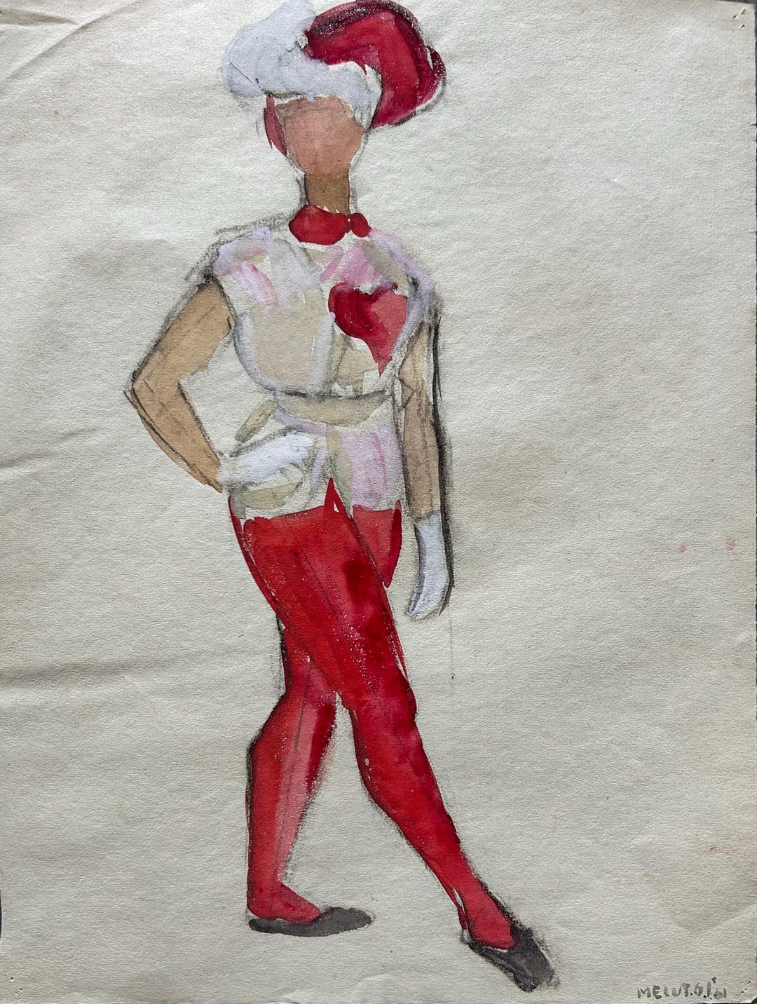 1960s French Watercolor Vintage Drawing on Paper. Cabaret Dancer in ...
