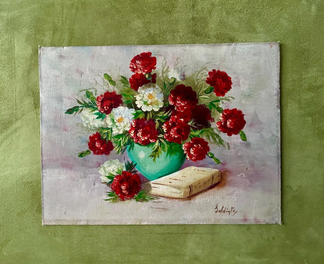1940s French Shabby Chic Oil Painting on Canvas Board. Red and White ...