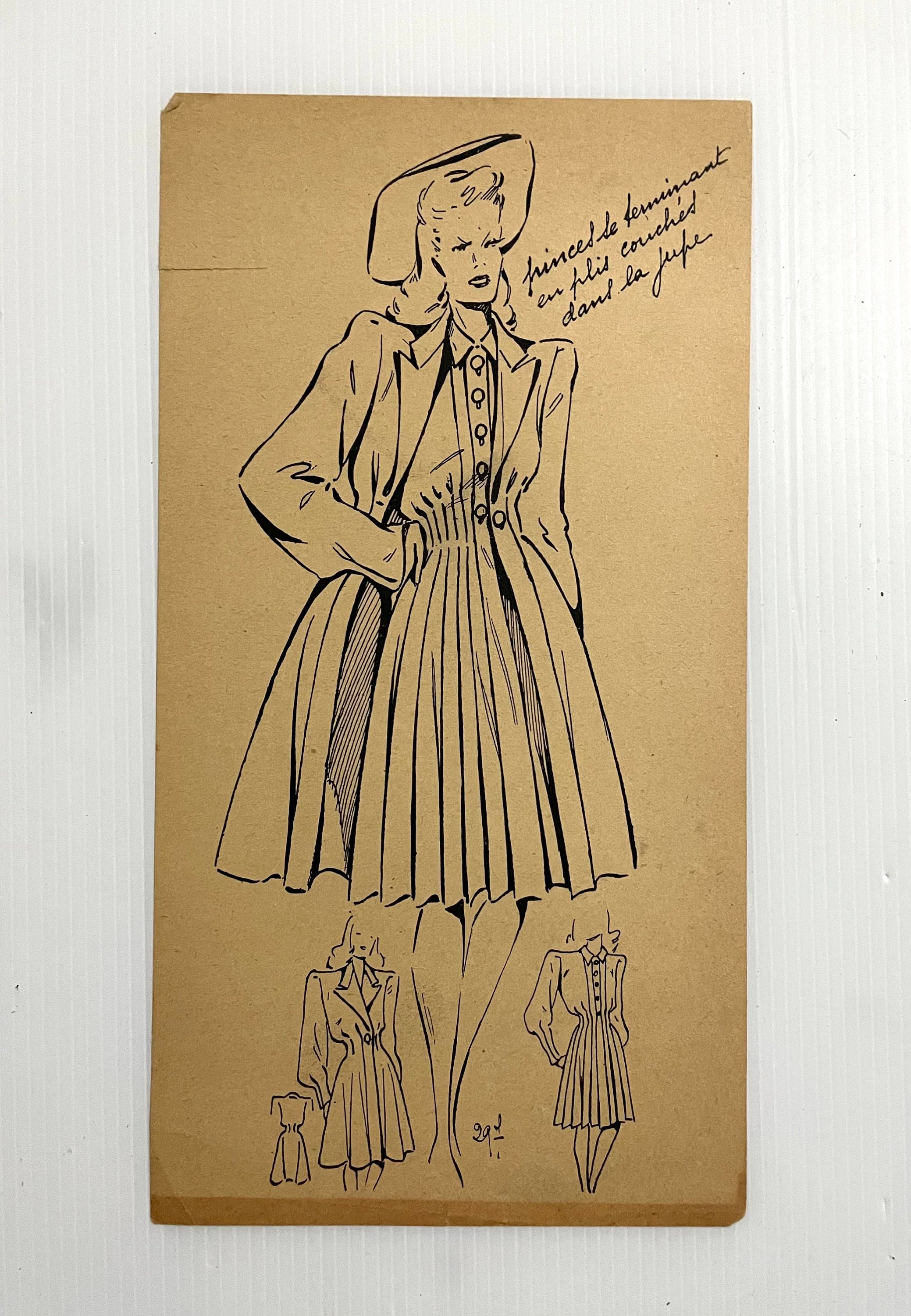 1940s French Ink Drawing on Paper. Vintage Fashion in Paris. | Etsy
