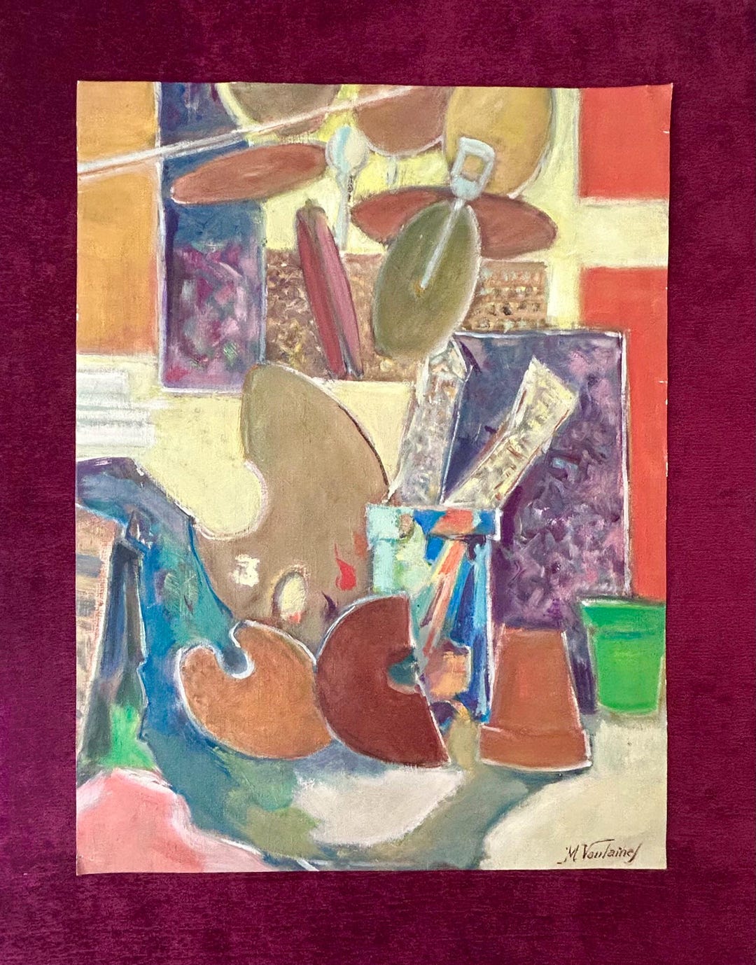 1940s French Cubist Oil Painting on Canvas-type Paper Multicolored ...