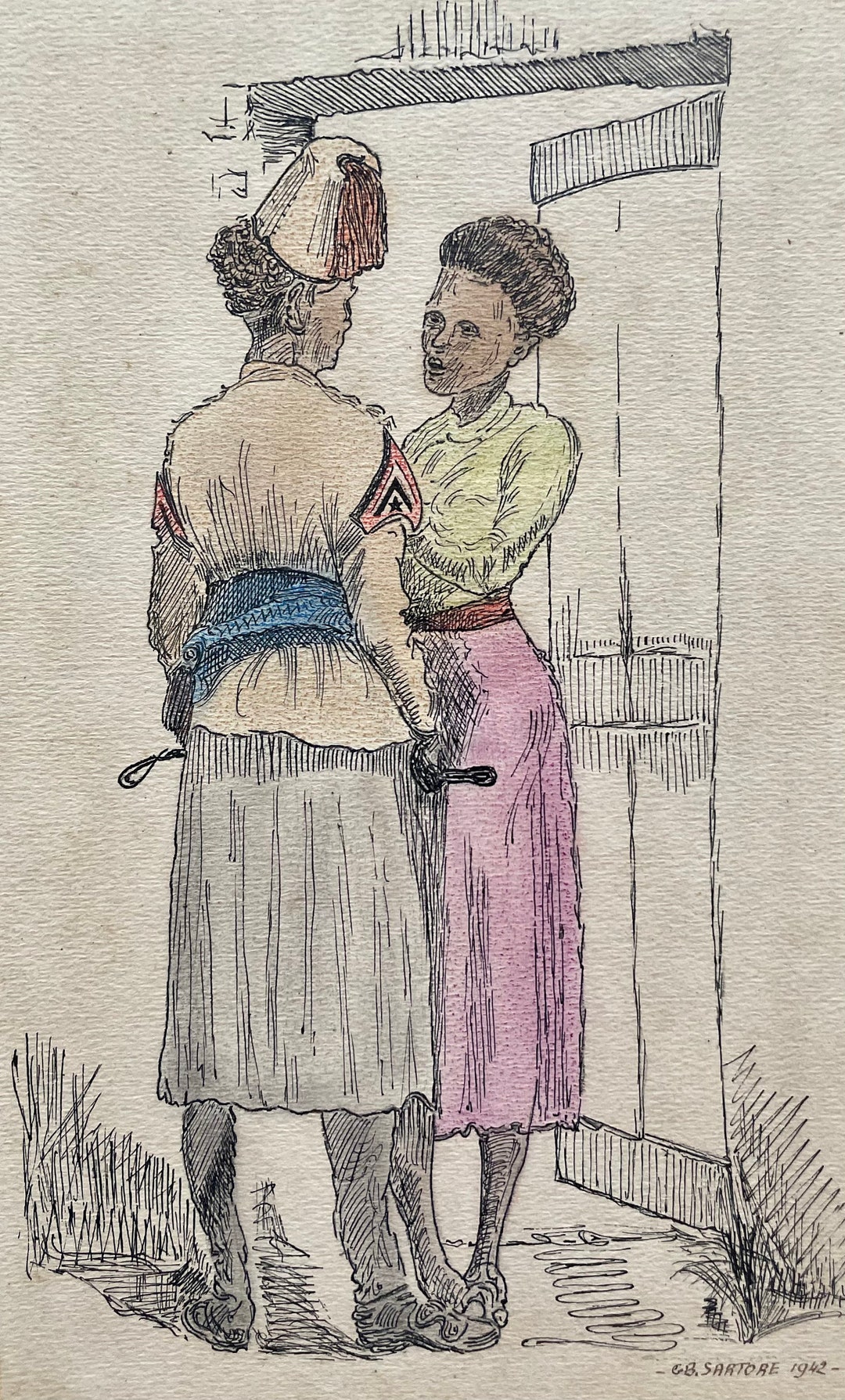 1940s Italian Colonial Ink Drawing on Paper. Africa. Italian Ethiopian ...