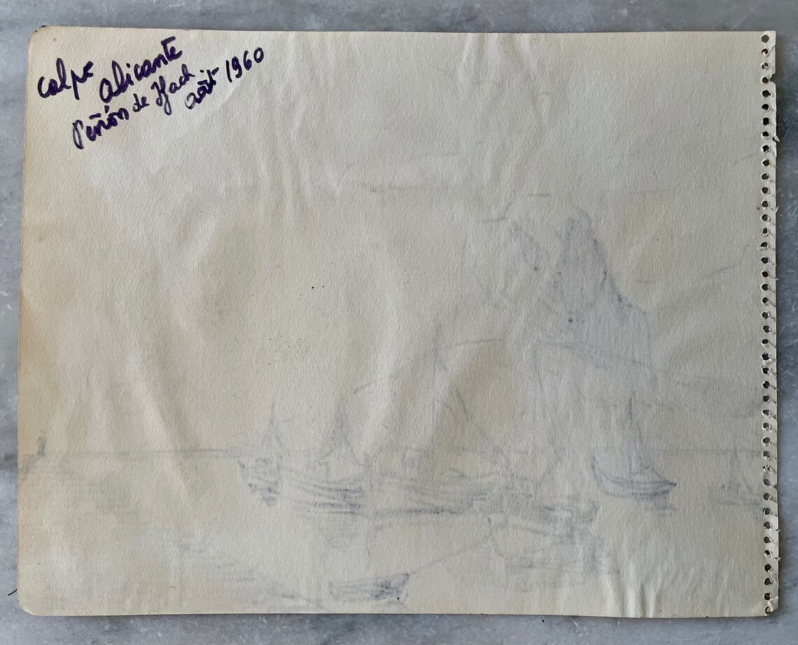 1960s French Vintage Ink Drawing on Paper. Seaport and Sailboats in ...