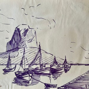 1960s French Vintage Ink Drawing on Paper. Seaport and Sailboats in ...
