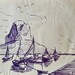1960s French Vintage Ink Drawing on Paper. Seaport and Sailboats in ...