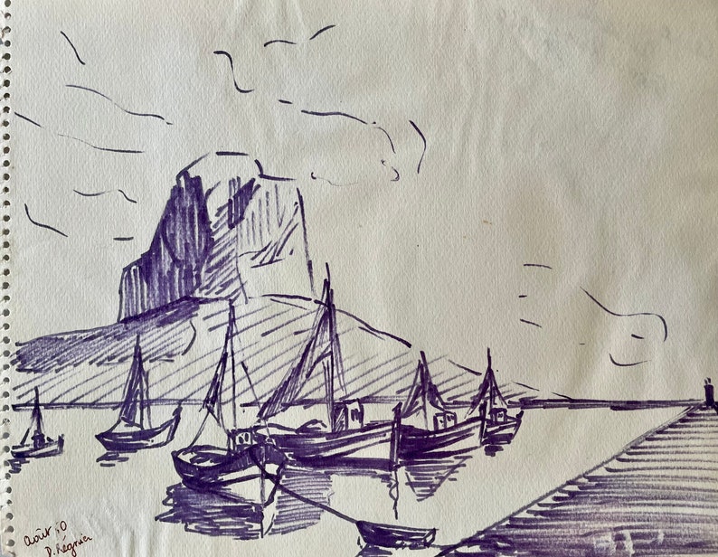1960s French Vintage Ink Drawing on Paper. Seaport and Sailboats in ...
