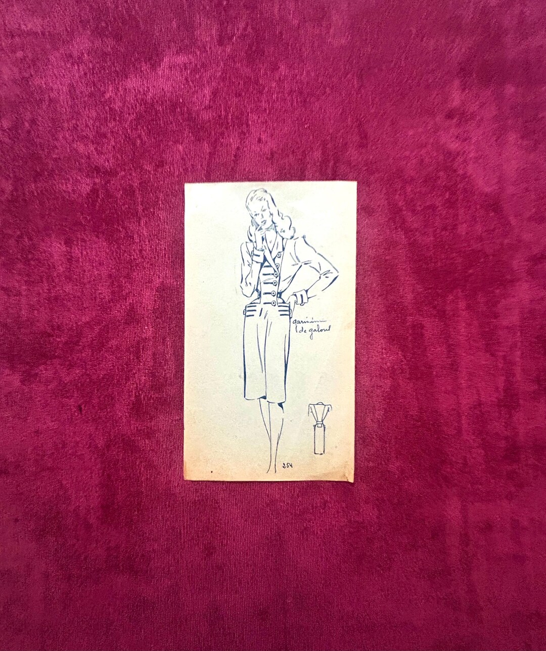 1940s French Fashion Sketch Ink Drawing on Paper Parisian Woman Vintage ...