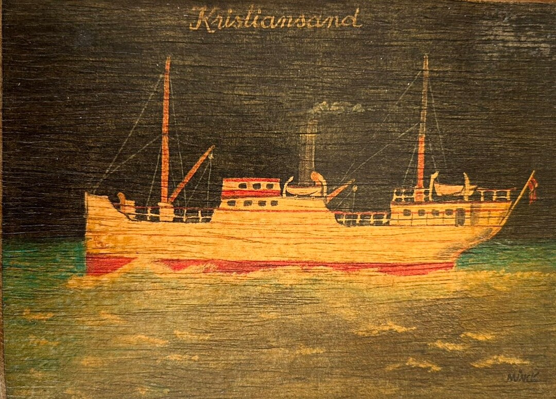 1940s French Ink Painting on Wood. Norwegian Trawler. Port of ...