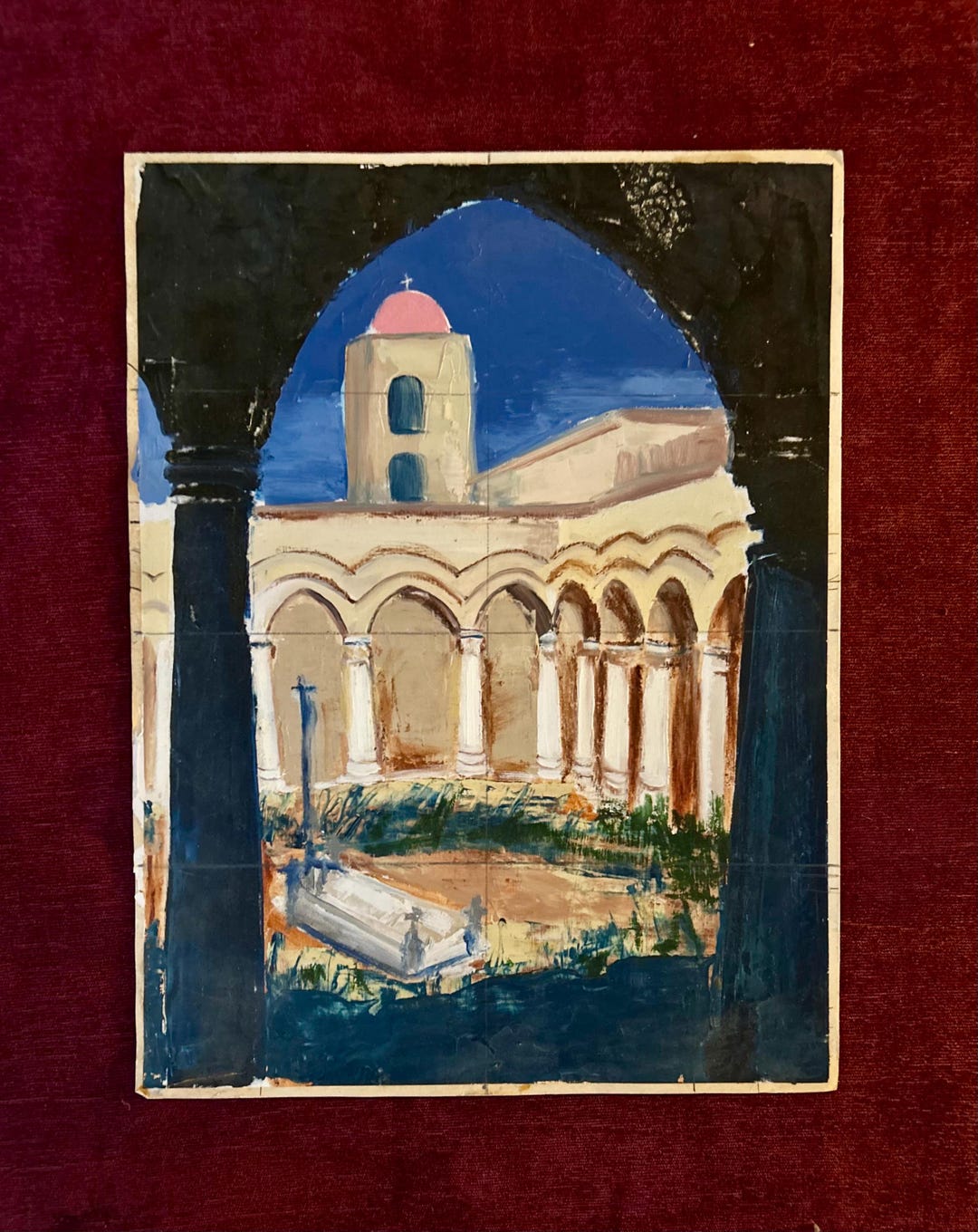1940s French Antique Oil Painting on Paper. Cloister and Church in a ...