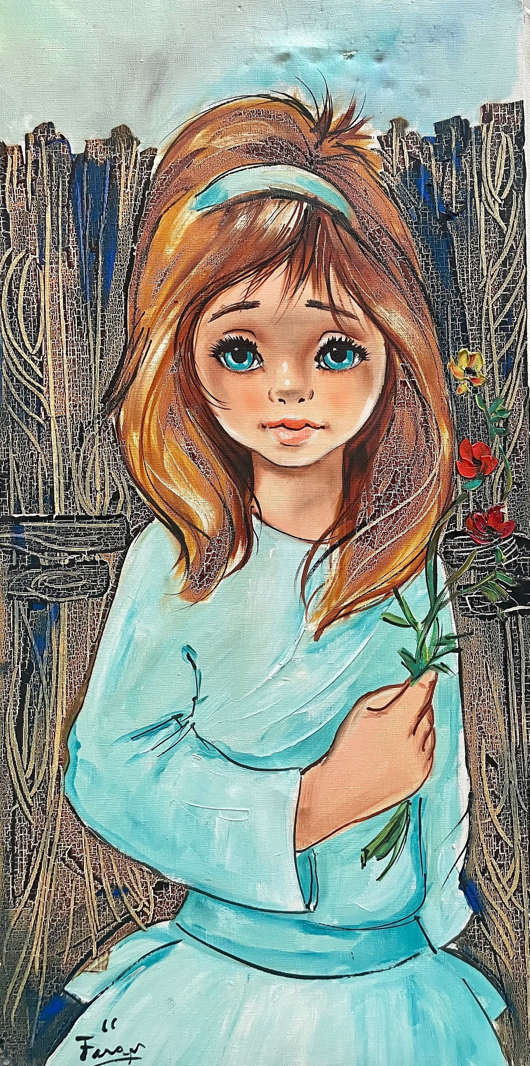 1960s French Big Eyes Kitsch Art Oil Painting on Canvas. in the School ...