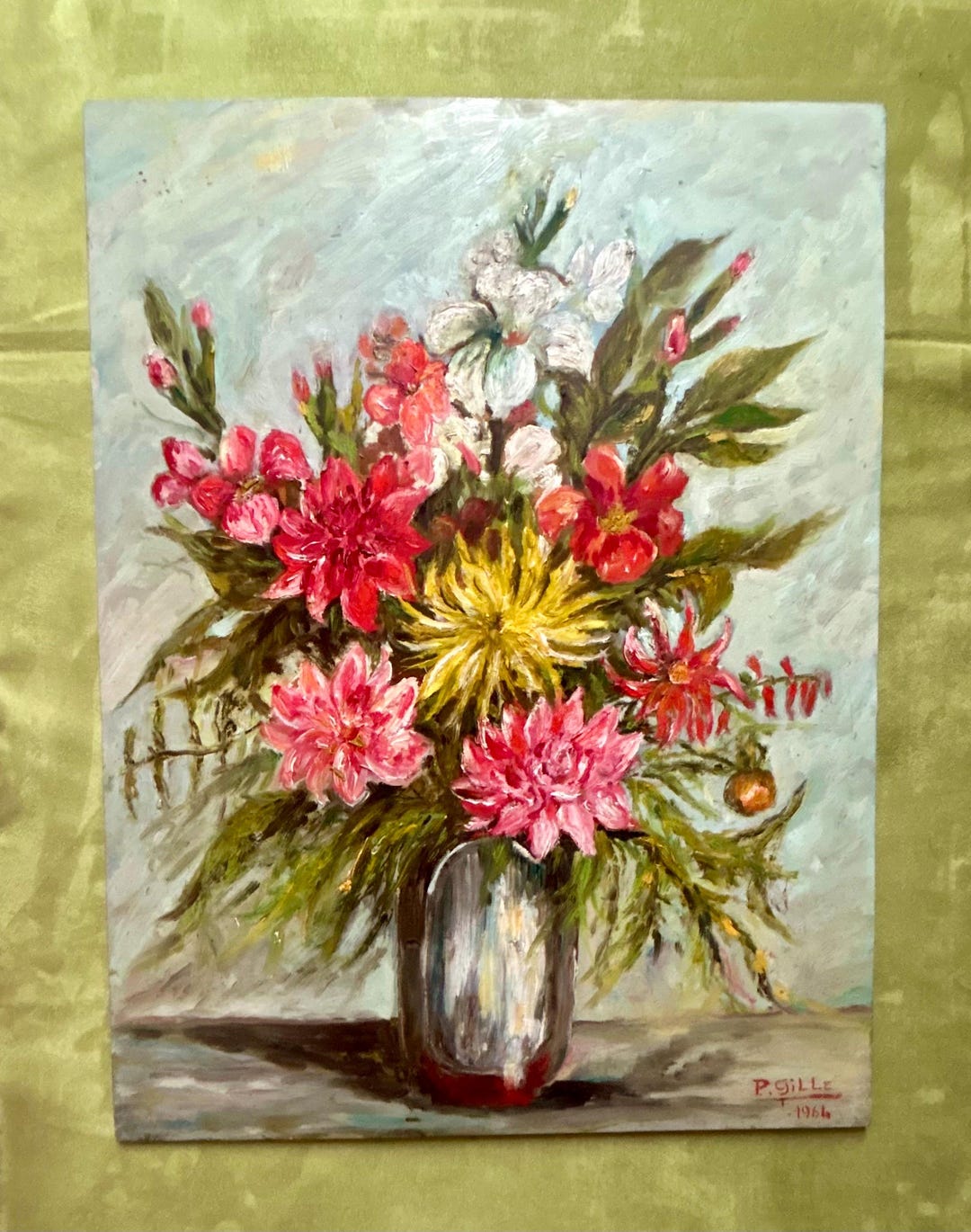 1960s French Shabby Chic Oil Painting on Wood. Vase With Mixed Flowers ...