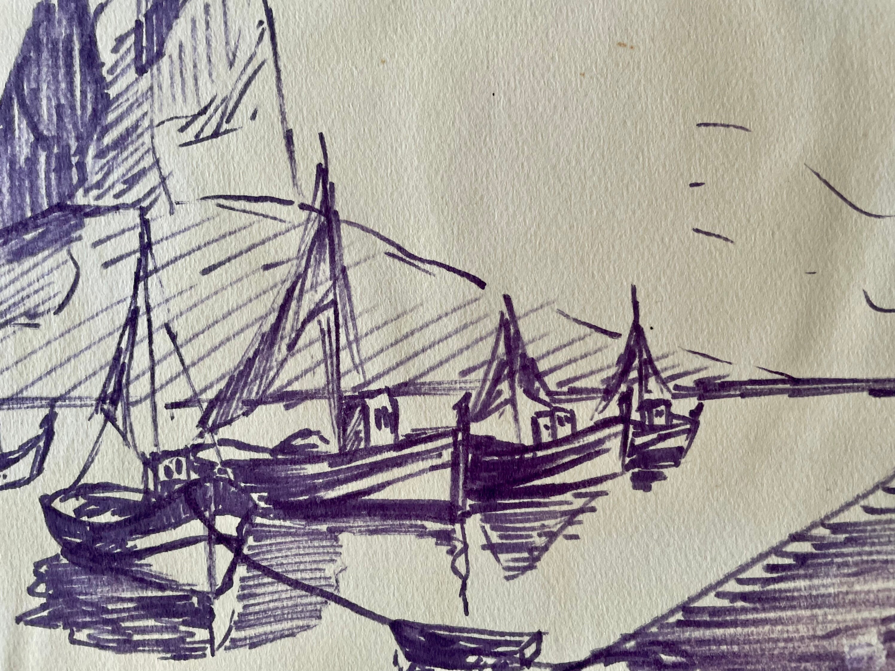 1960s French Vintage Ink Drawing on Paper. Seaport and - Etsy