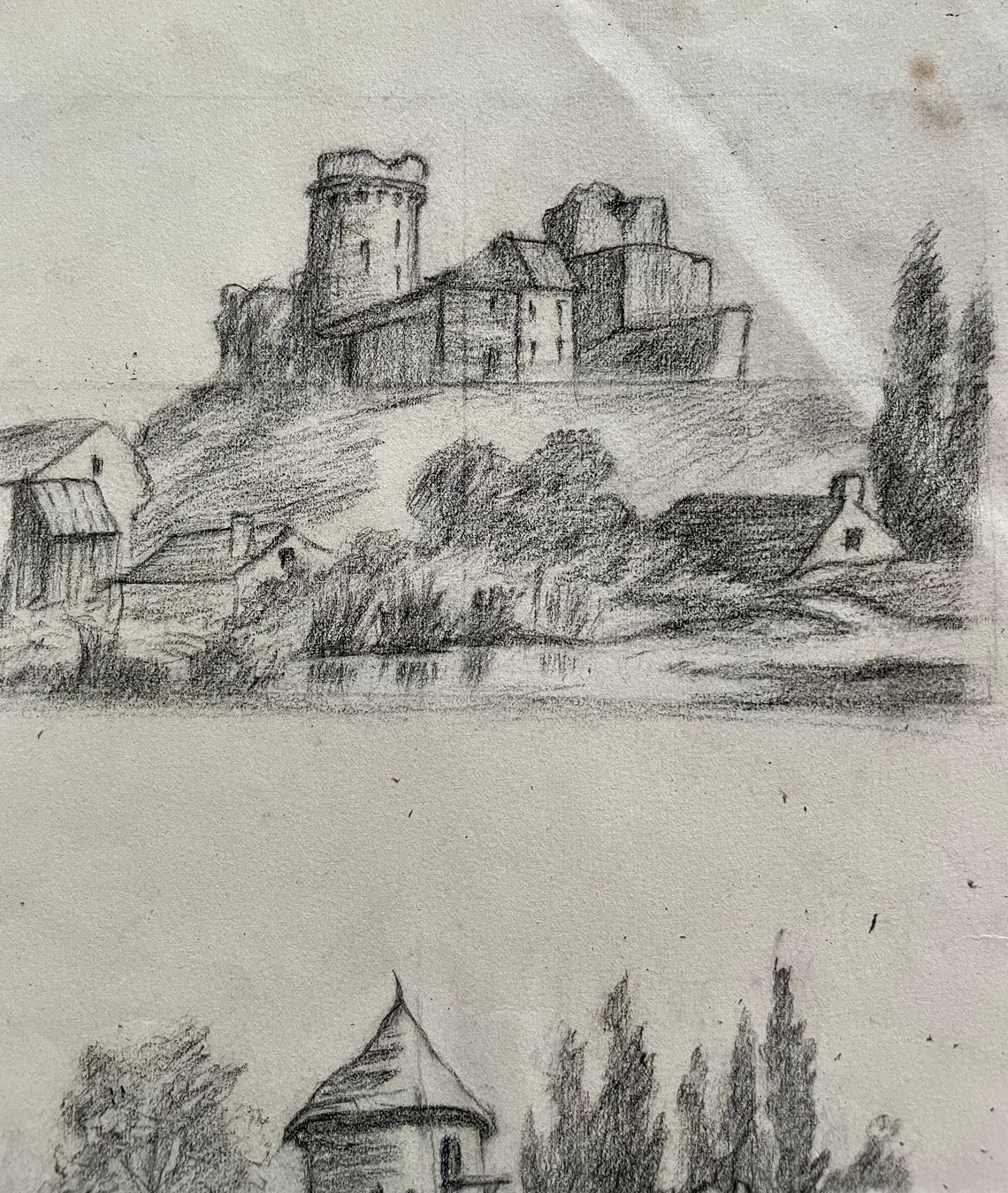 1890s French Graphite Drawing on Paper. Landscapes With Castle and ...